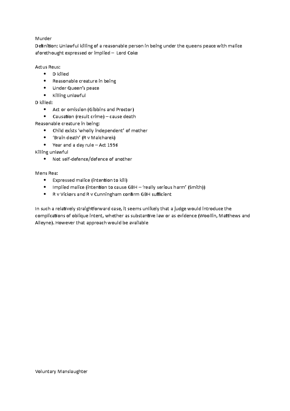 the Revision notes - Murder Definition: Unlawful killing of a ...