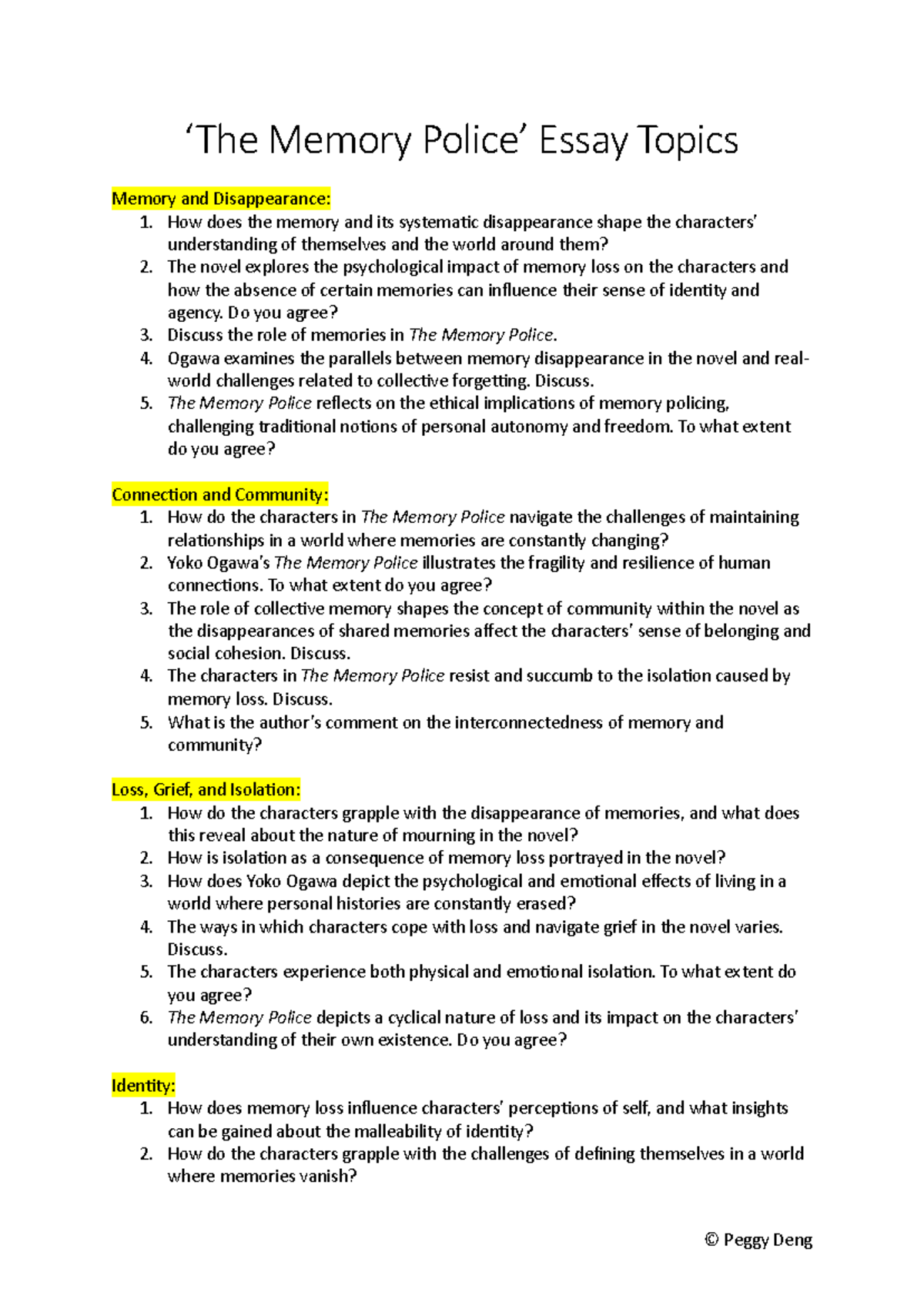 The Memory Police Essay Topics - Analysis and Discussion - Studocu