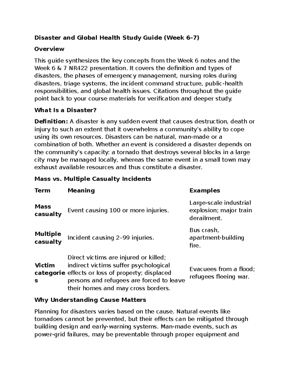 NR422 Week 6 Study Guide: Disaster and Global Health Overview - Studocu