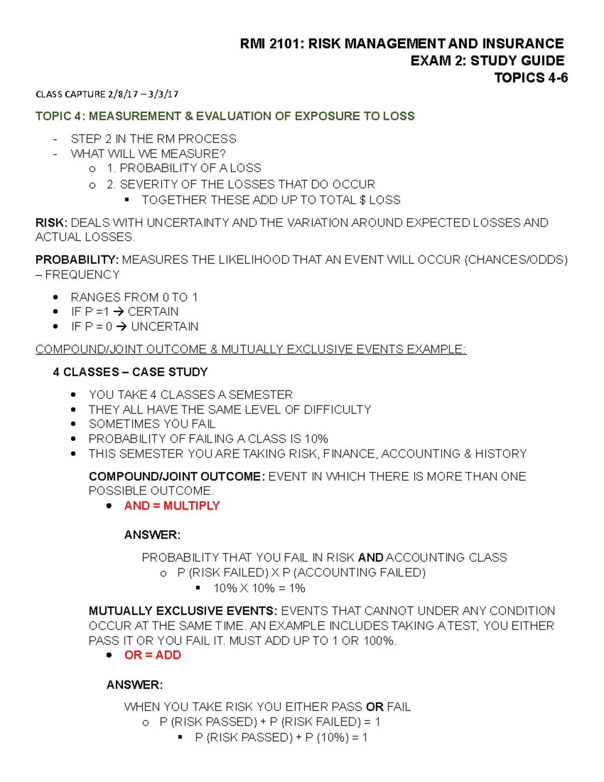 RMI 2101 Exam 2 Comprehensive Study Guide on Risk Management Concepts ...