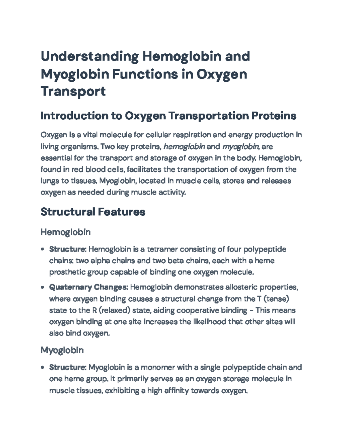 Understanding Hemoglobin and Myoglobin Functions in O2 Transport ...