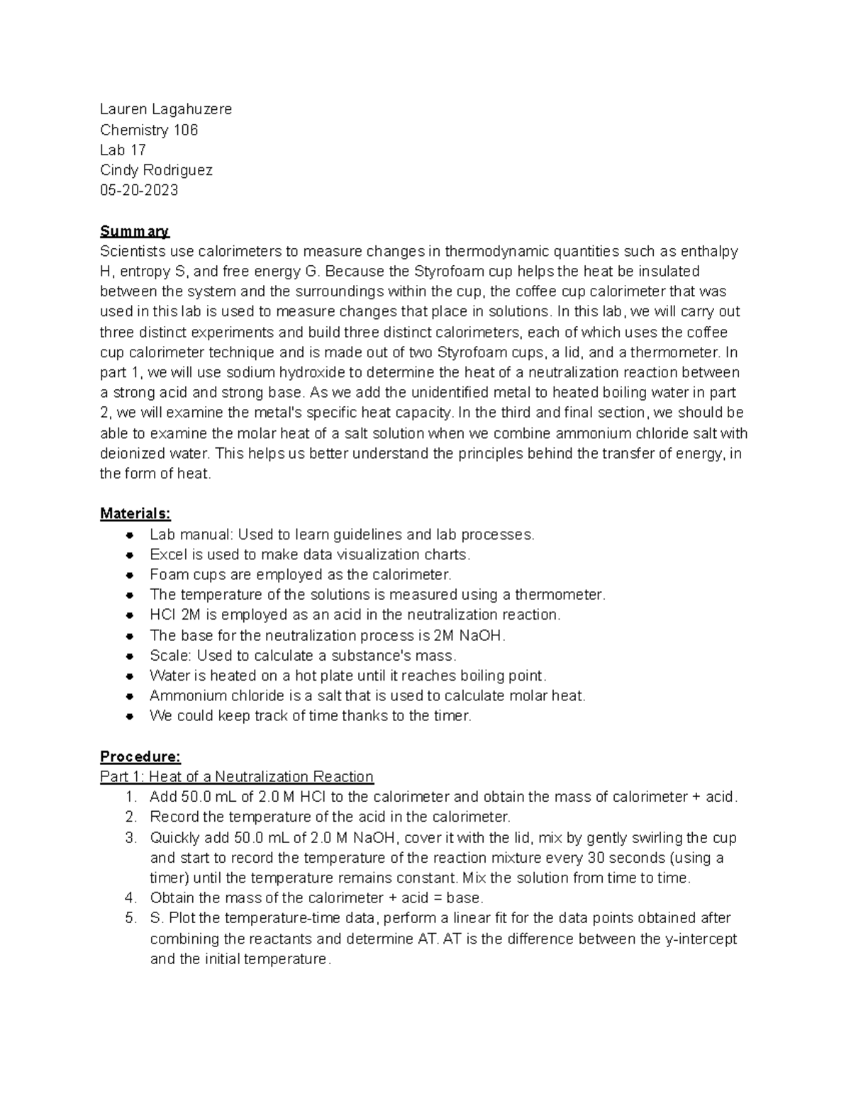 Lab 17: Measuring Enthalpy, Specific Heat, and Molar Heat in Chem 106 ...