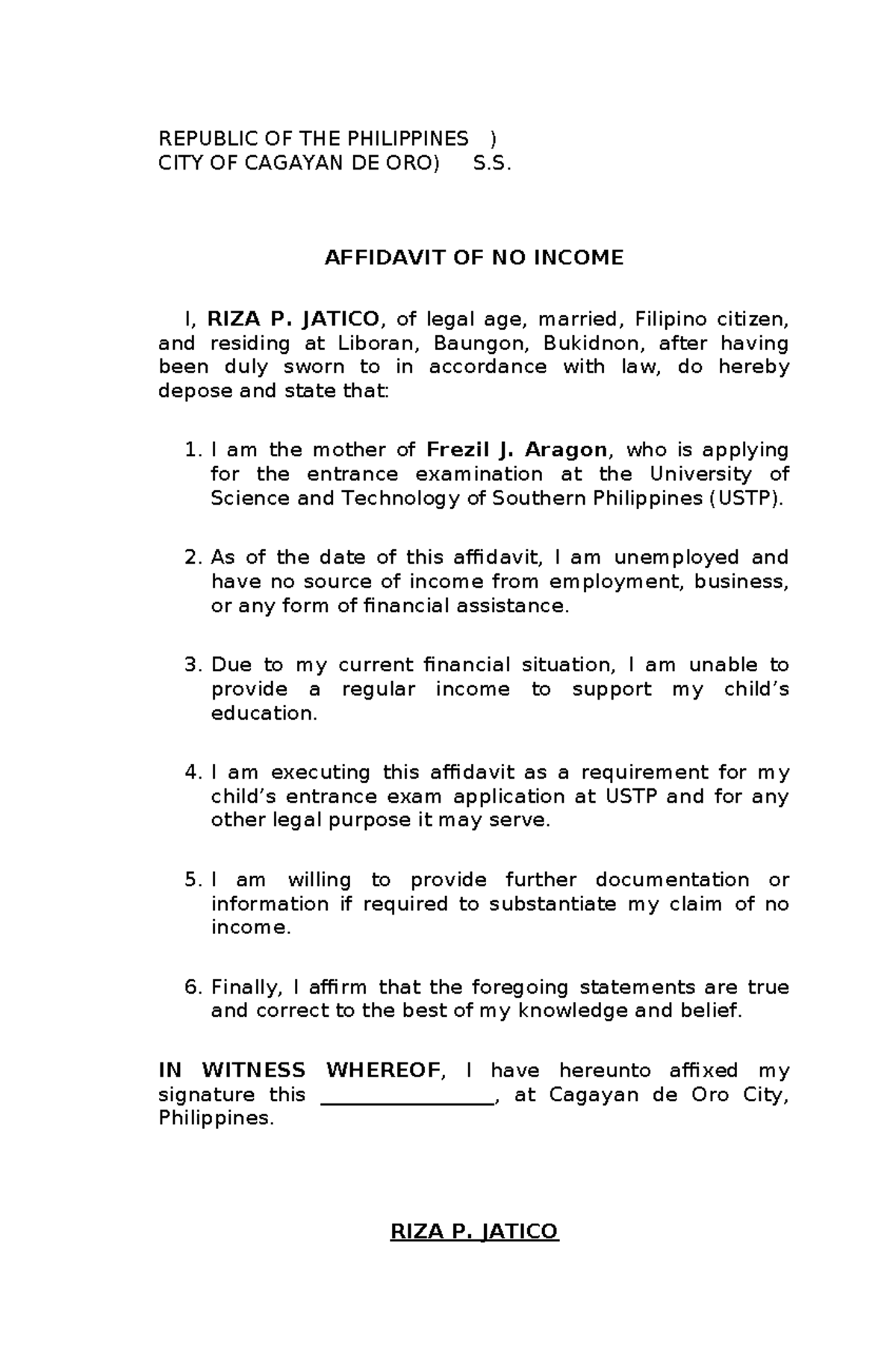 USTP Affidavit of No Income for Entrance Exam Application - Studocu