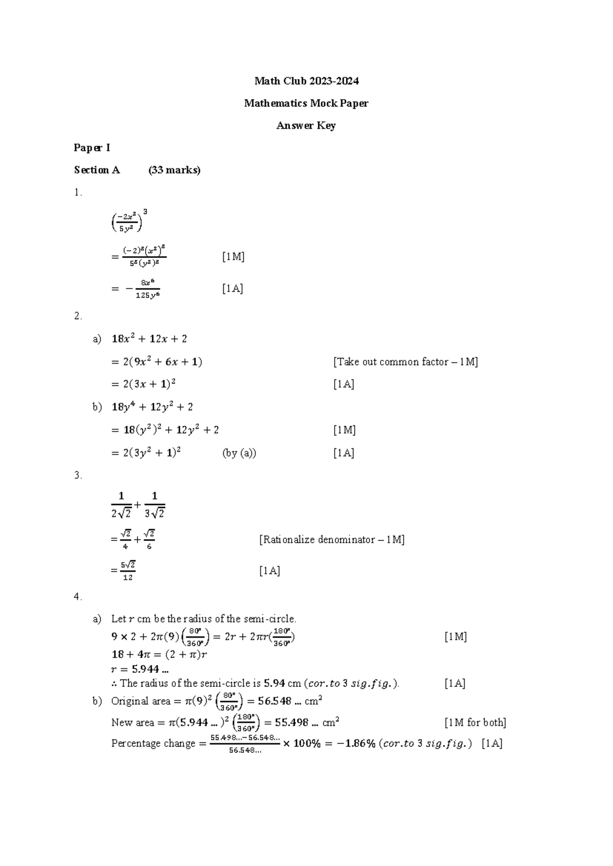 Math Club F2 Mock Paper Answer Key - Paper I & II - Studocu