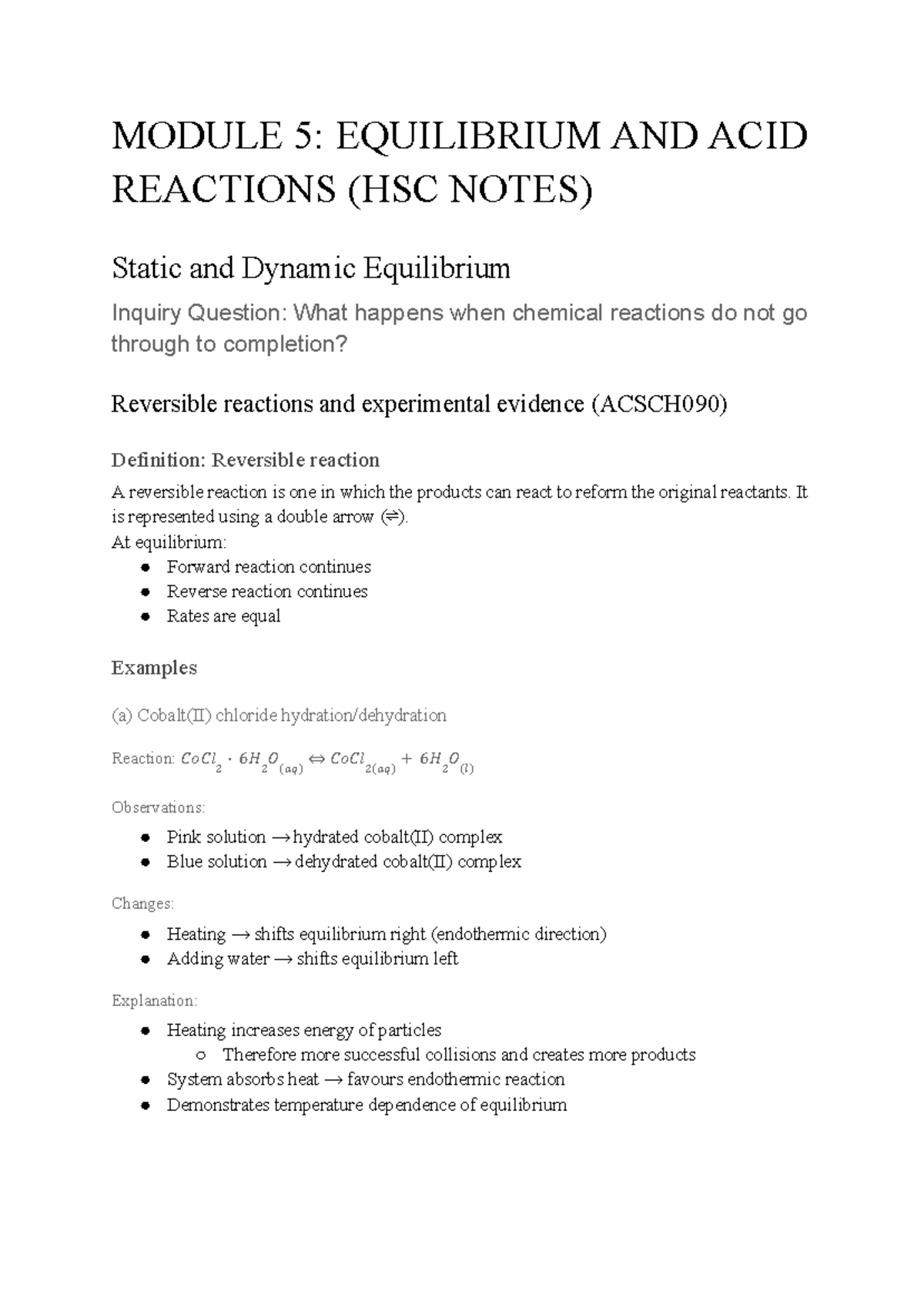Chemistry HSC Notes: Module 5 - Equilibrium & Acid Reactions - Studocu