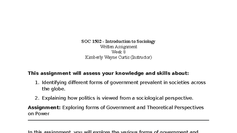 SOC 1502 - Week 8 Written Assignment: Forms of Government & Power - Studocu