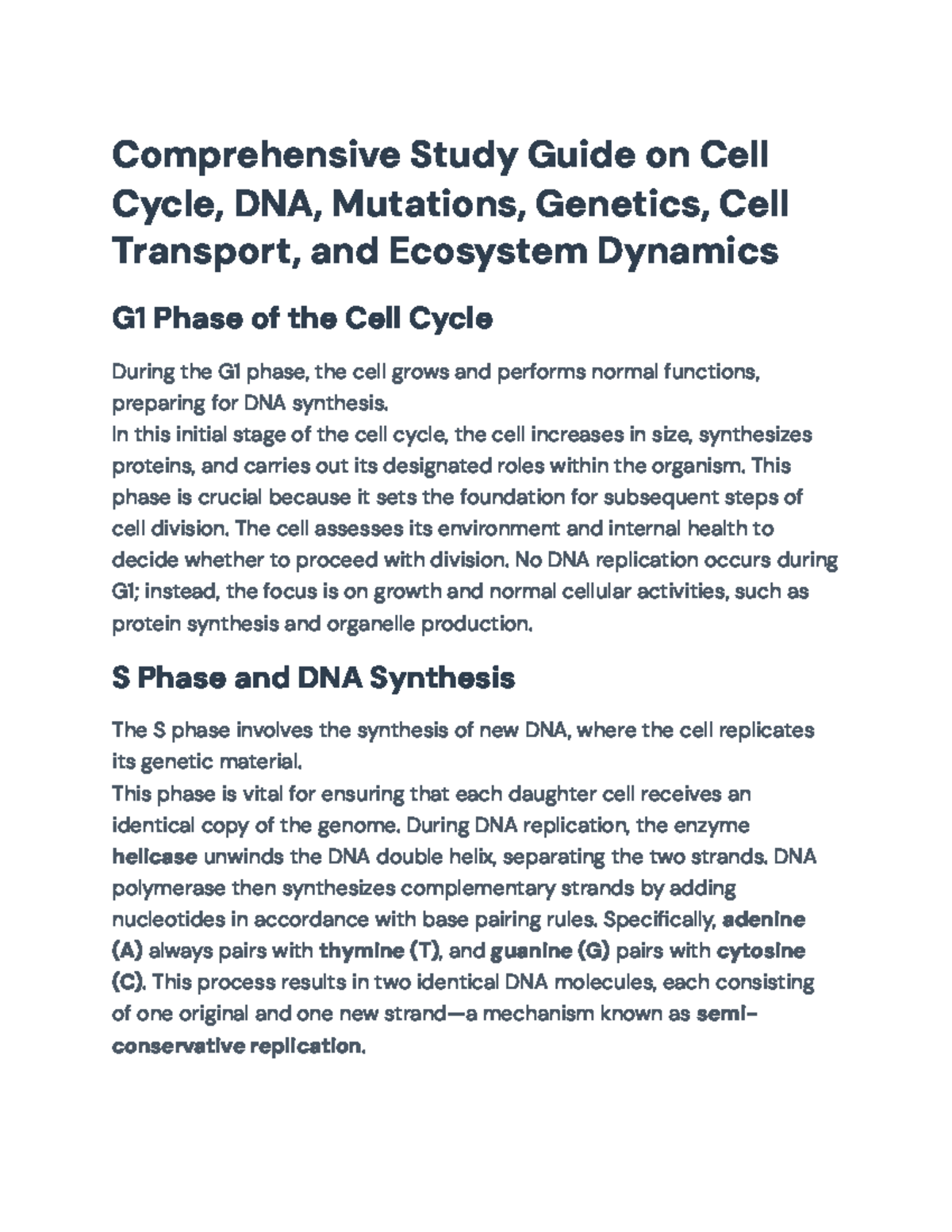 Comprehensive Study Guide: Cell Cycle, DNA, Mutations, & Ecosystem ...