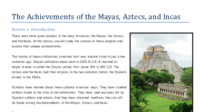 The Achievements of the Mayas, Aztecs, and Incas - Student Notes - Studocu