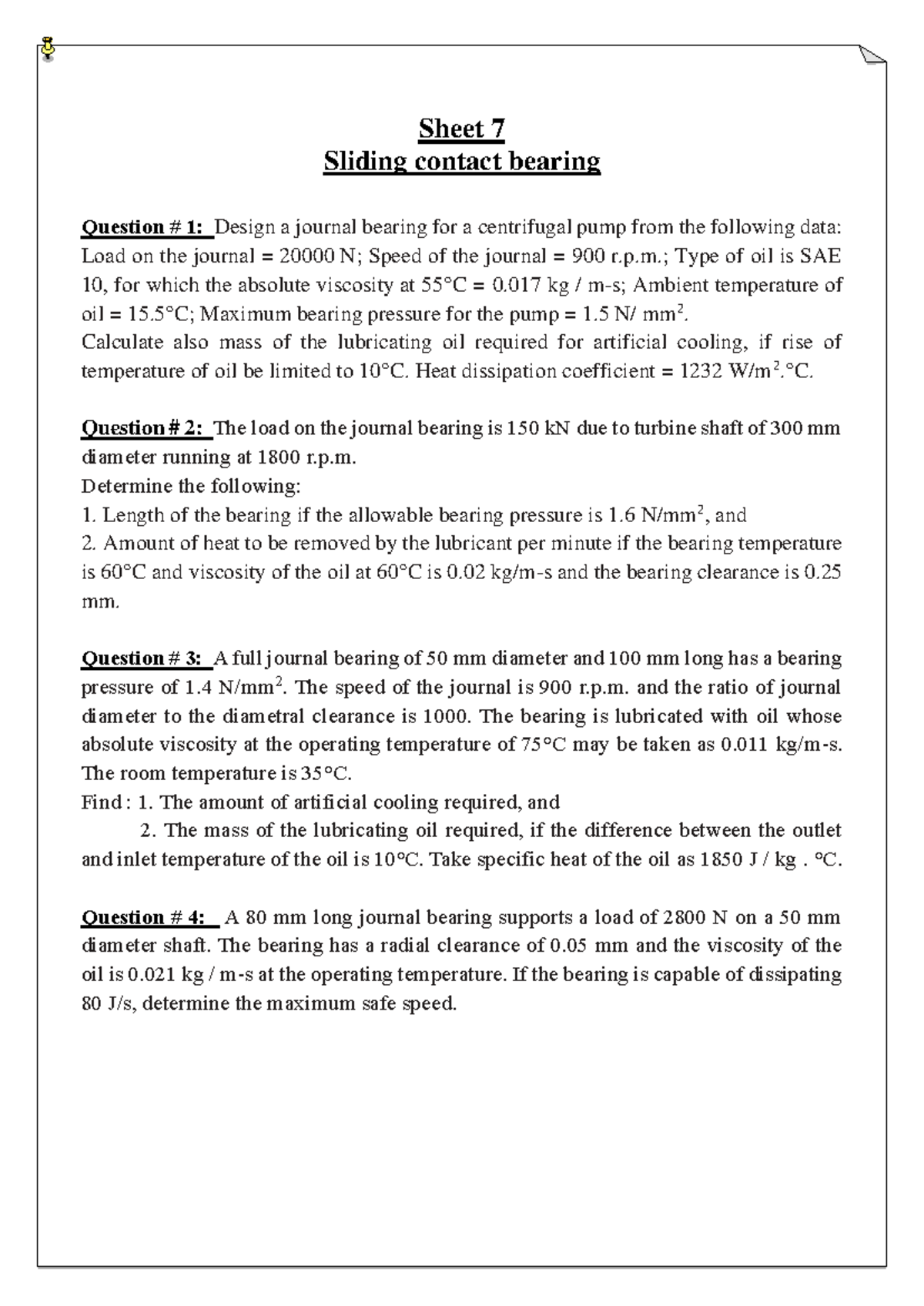 Sheet 7 - Design and Analysis of Journal Bearings for Pumps and ...