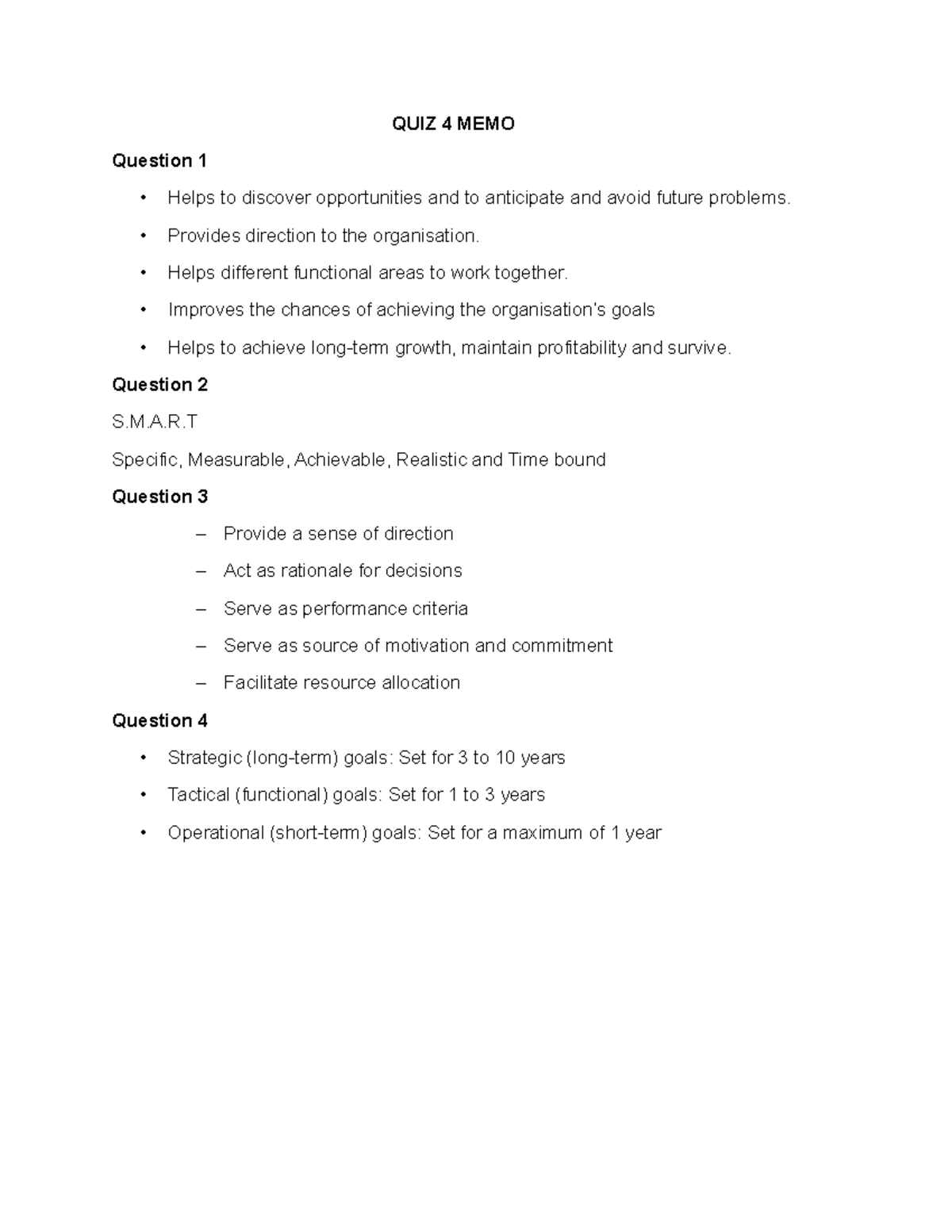 QUIZ 4 MEMO - Strategic Planning Insights and Goals - Studocu