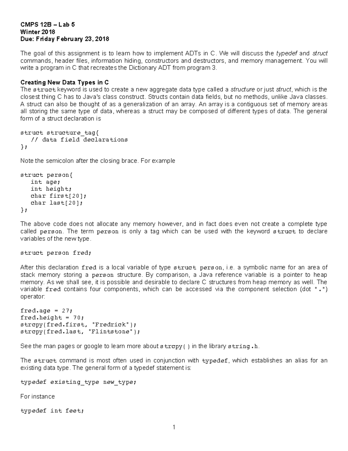 Lab5 - Lab Assignment 5 for Winter 2018 - CMPS 12B Lab 5 Winter 2018 Due: Friday February 23 ...