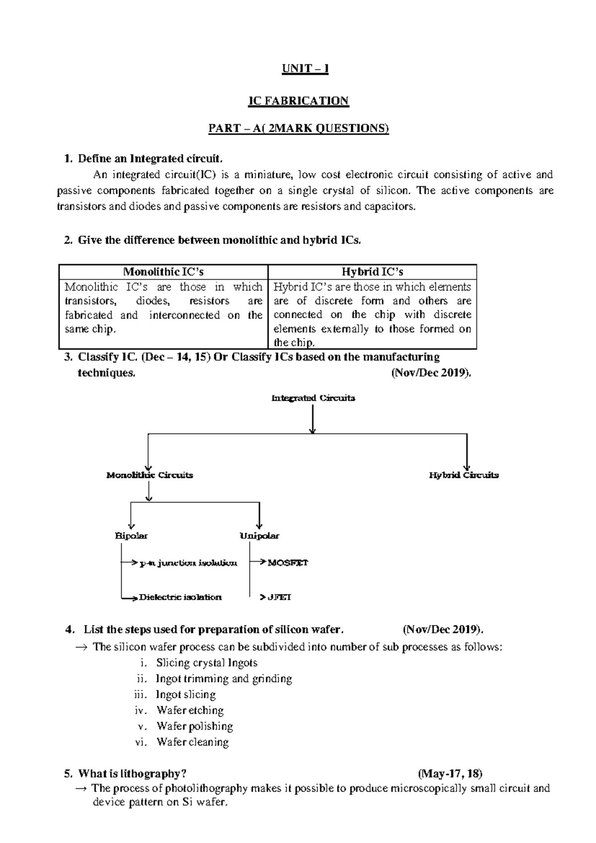 Unit I IC Fabrication: 2 Mark Questions & Key Concepts - Studocu