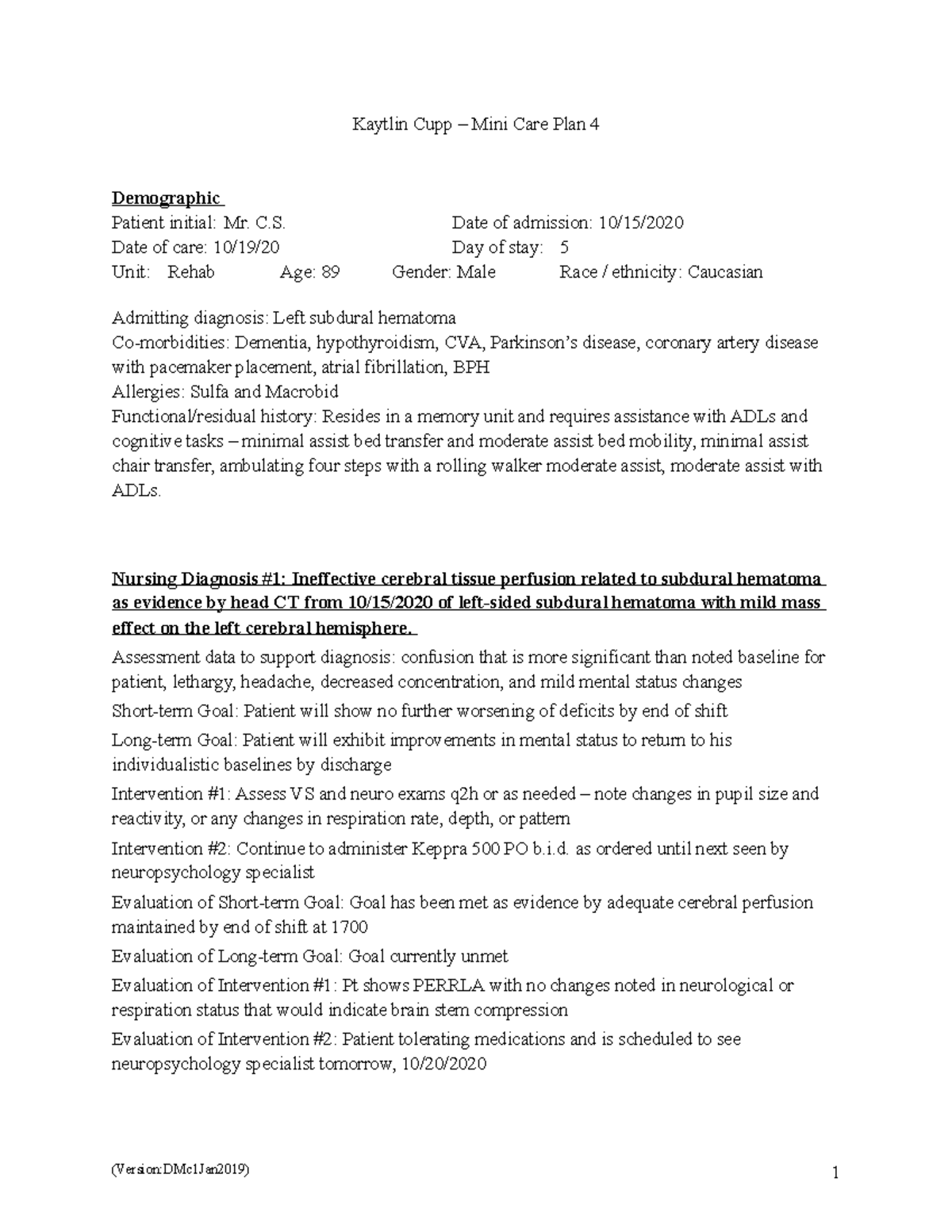 KCupp Mini Care Plan 4 - Patient Care & Nursing Diagnostics - Studocu