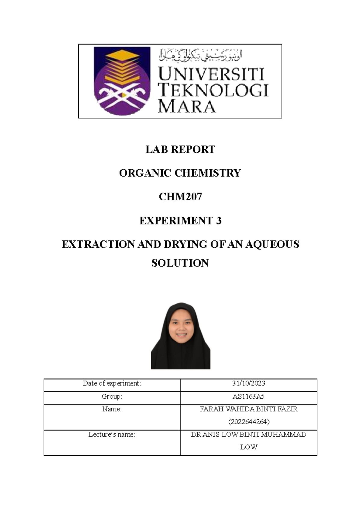 CHM207 Experiment 3 - Extraction and Drying of Aqueous Solutions Lab ...