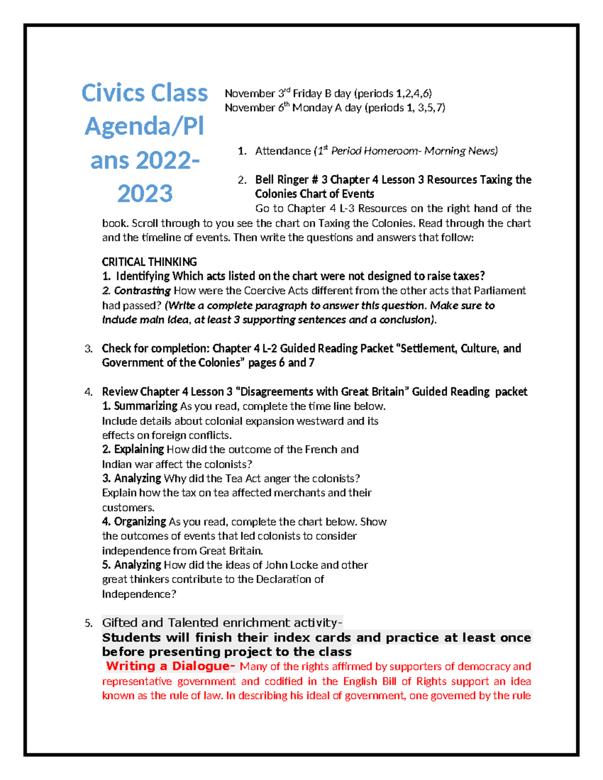 Civics Class Agenda: November 3 & 6, 2023 - Chapter 4 Lesson 3 Review ...
