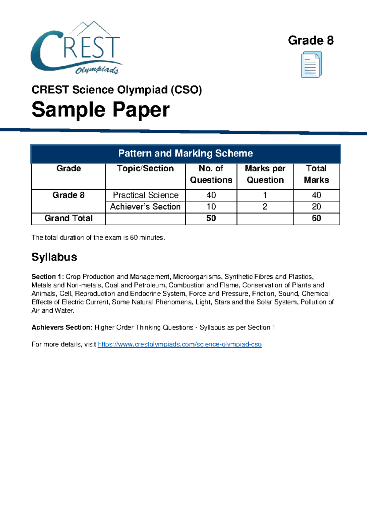 Grade 8 CREST Science Olympiad (CSO) Sample Paper & Marking Scheme - Studocu