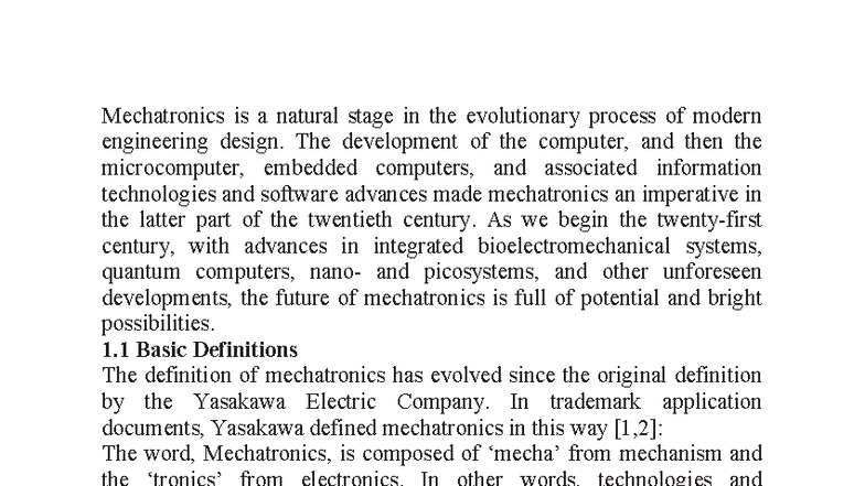 Unit 2 Mechatronics: Evolution, Definitions, and Historical Perspectives - Studocu