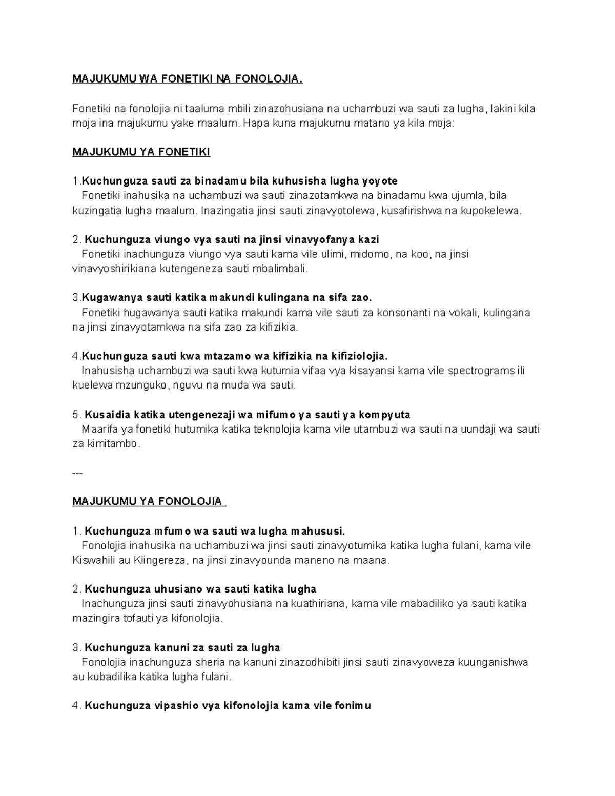 MAJUKUMU YA FONETIKI NA FONOLOJIA - Cat 2 - Studocu