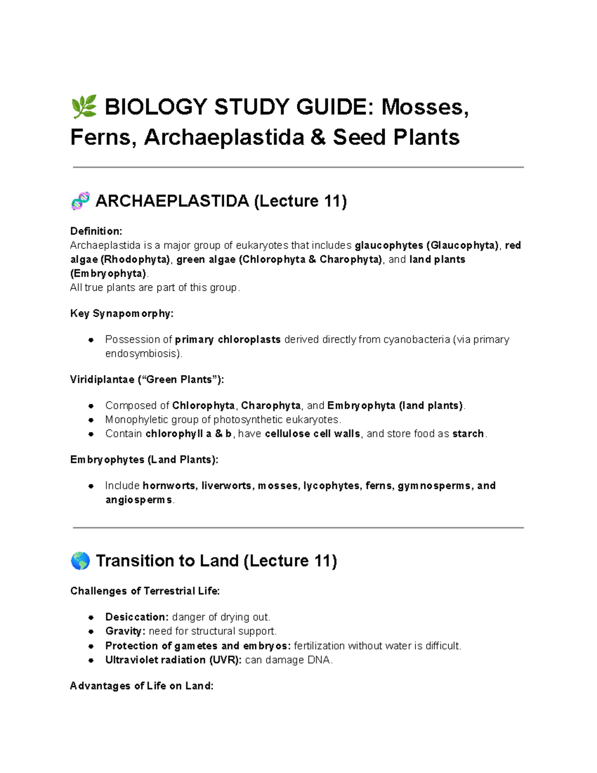 Biology Study Guide: Mosses, Ferns, Archaeplastida & Seed Plants ...