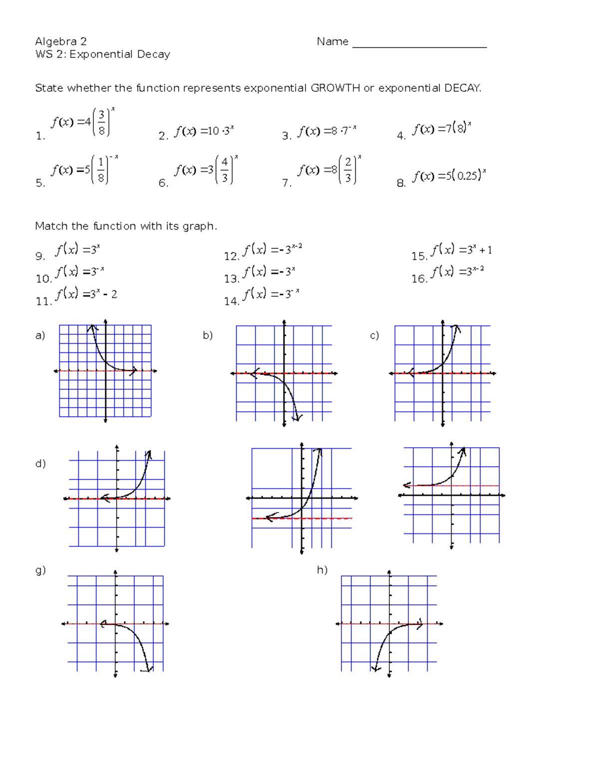 WS 2: Exponential Decay Worksheet for Algebra 2 Students - Studocu