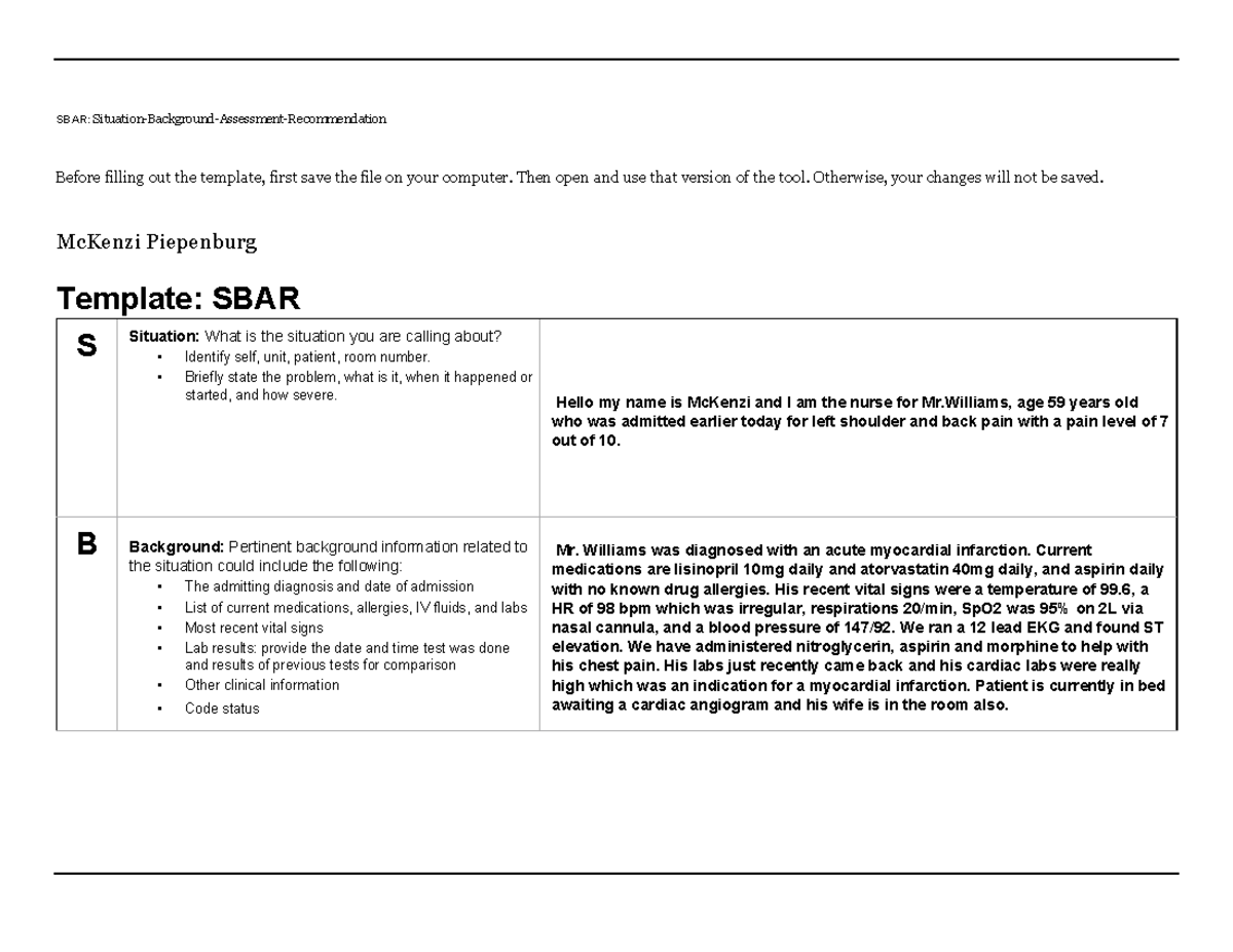 SBAR Template for Patient Assessment: Mr. Williams Case Study - Studocu