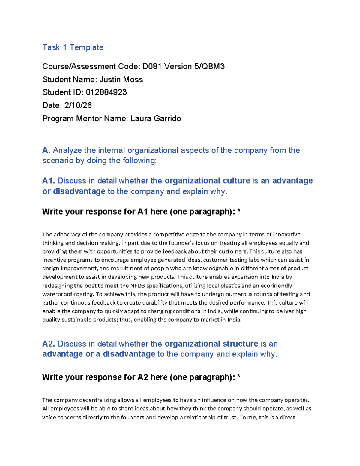 D081 Task 1: Analyzing Organizational Culture & Structure for Market ...