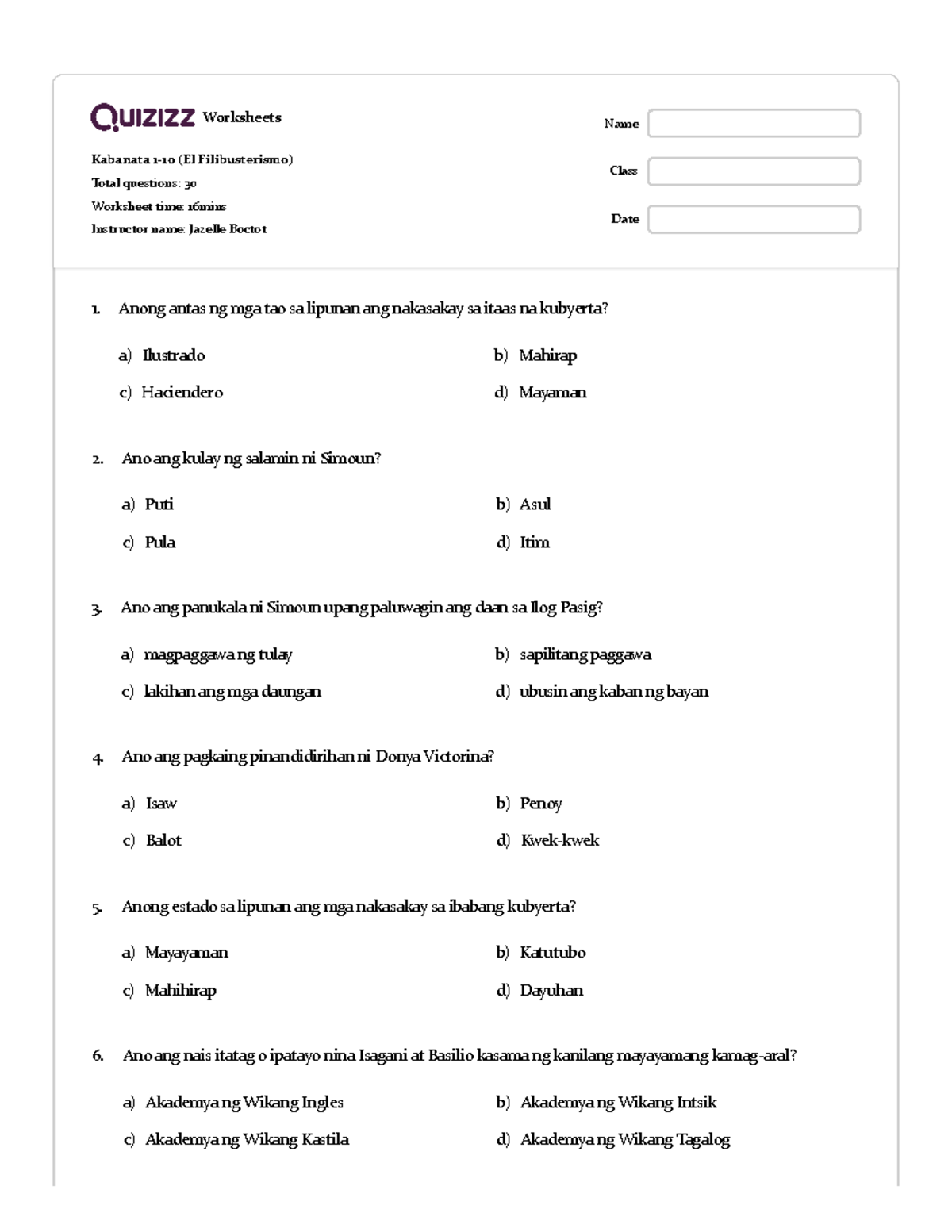 Kabanata 1-10 Quiz sa El Filibusterismo: Worksheets at Q&A - Studocu