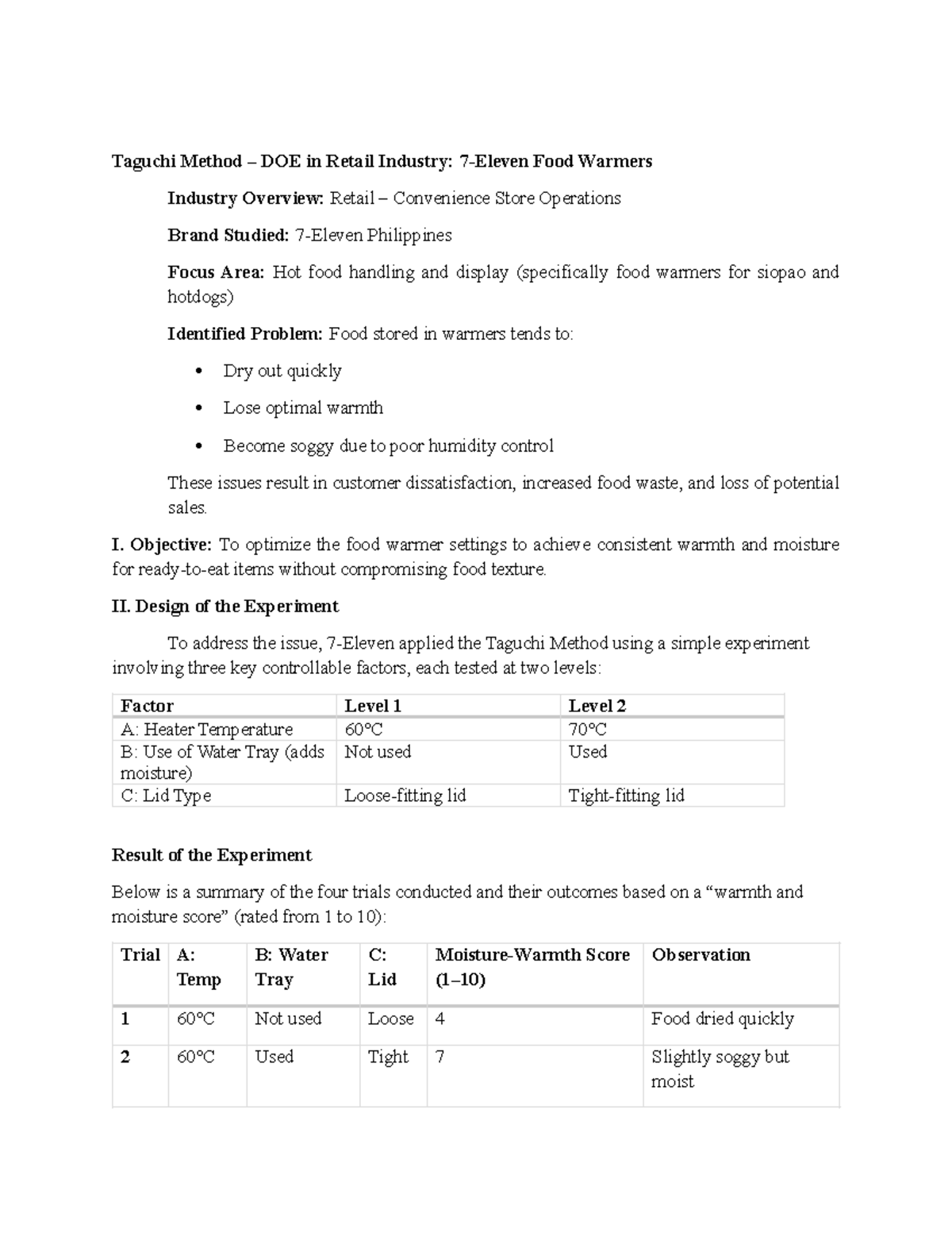 Taguchi Method DOE: Optimizing Food Warmers in Retail Convenience ...
