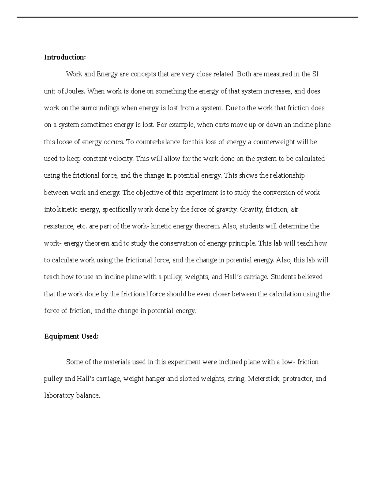 Work and energy lab report - Introduction: Work and Energy are concepts ...