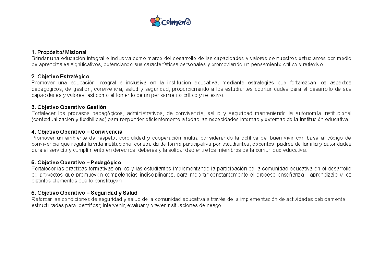 3. Ejemplo 1: Propósito Misional y Objetivos Estratégicos en Educación ...