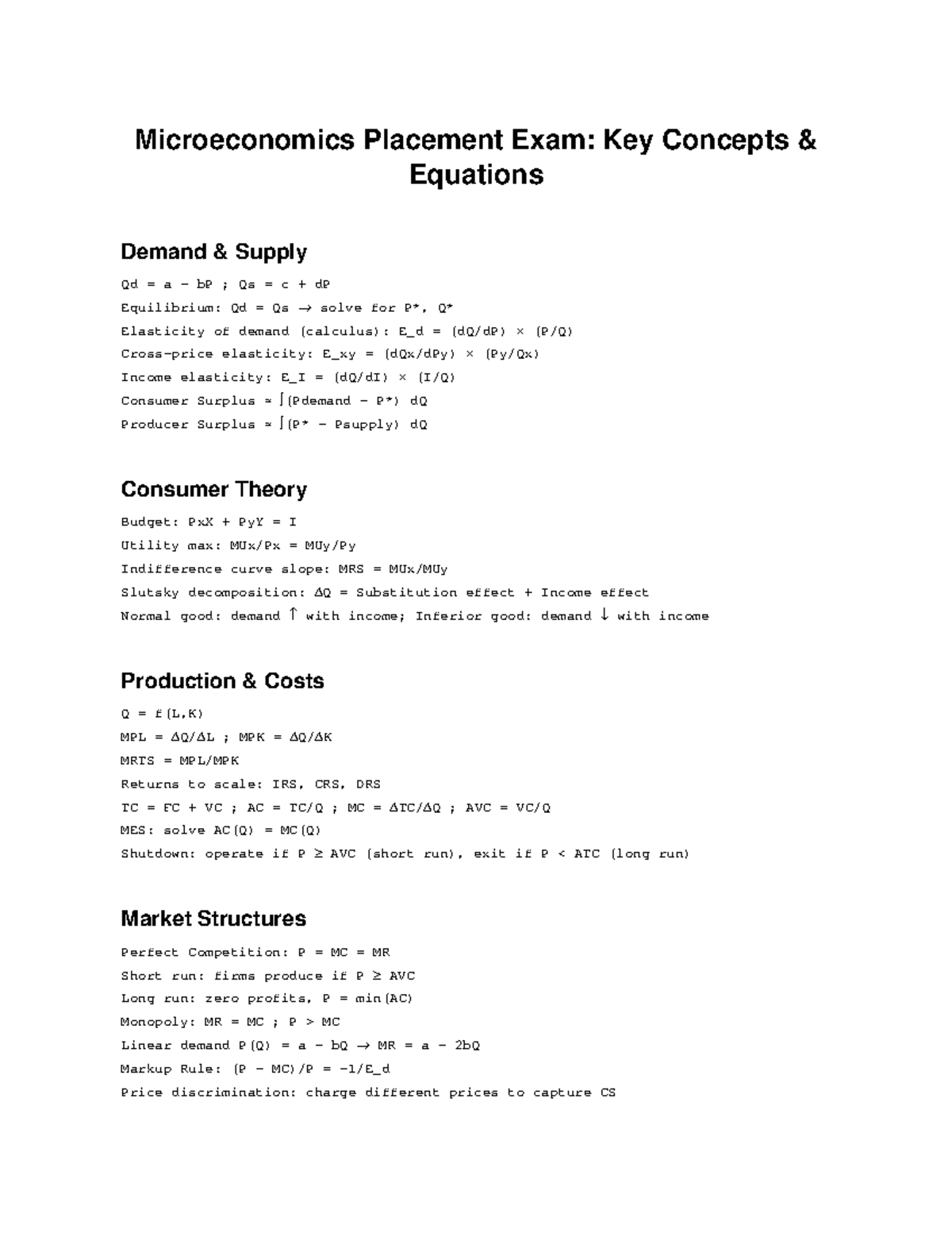 Microeconomics Placement Exam: Key Concepts & Equations - Studocu
