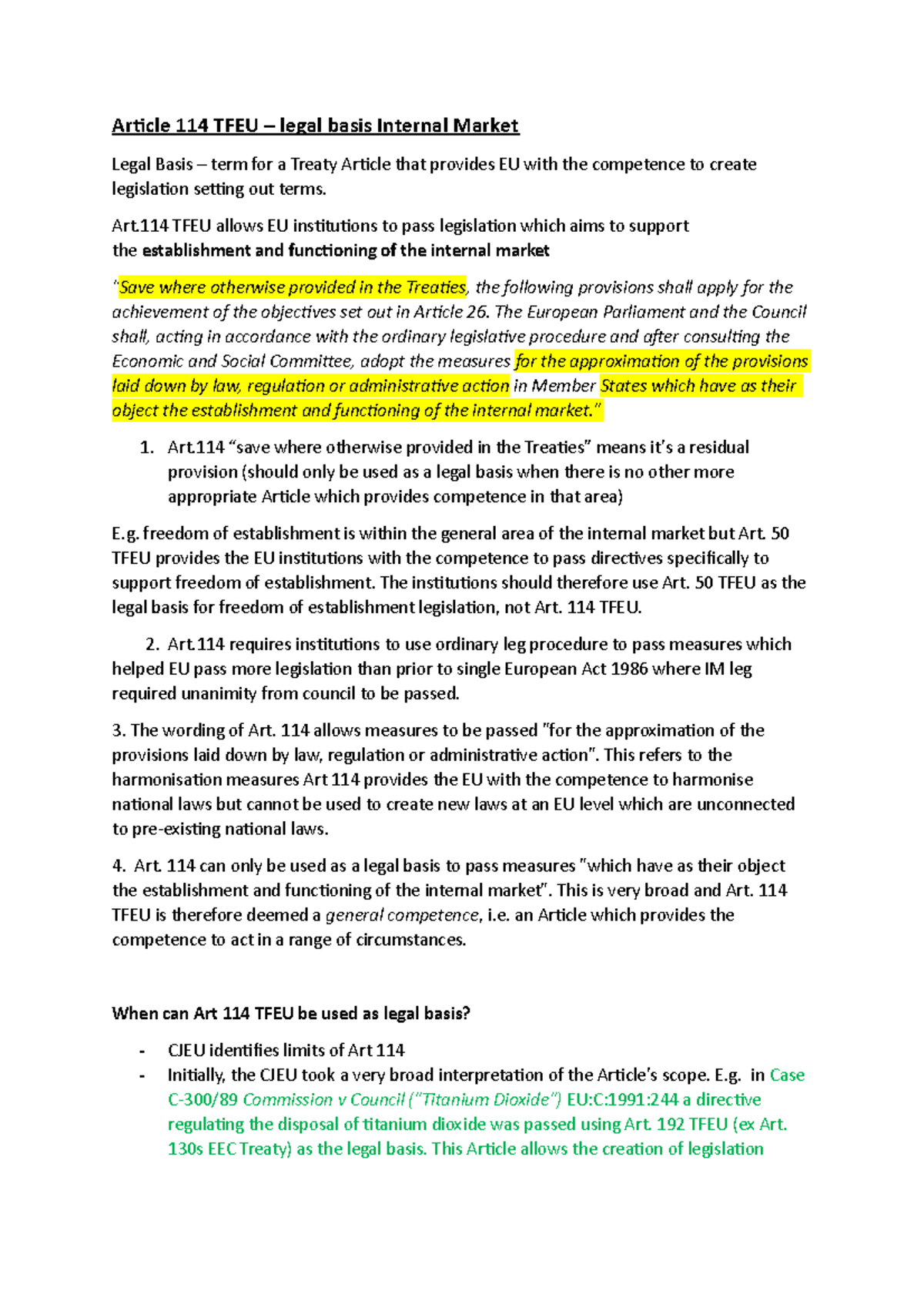 Article 114 TFEU: EU Law Notes & Case Studies on Internal Market - Studocu