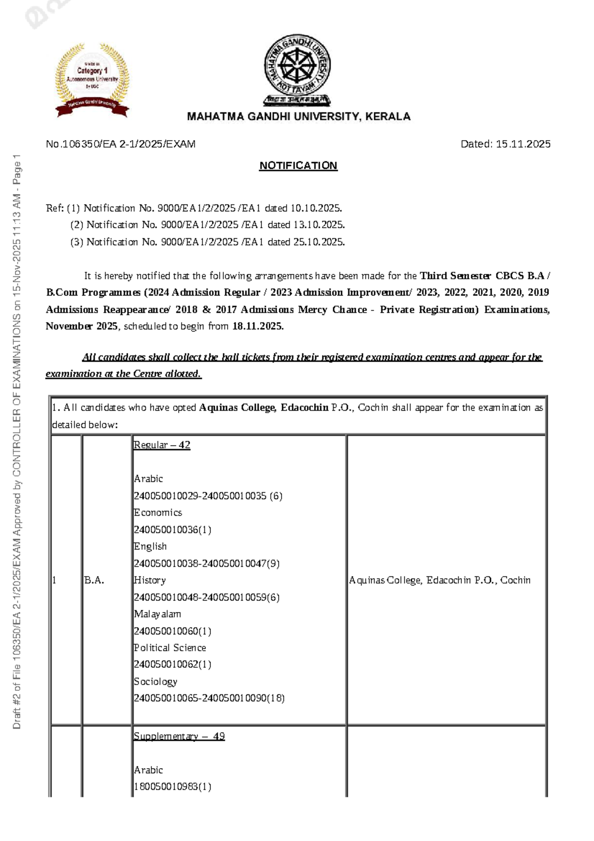 Notification for 3rd Semester UG Private Exams - Nov 2025 (106350-EA ...