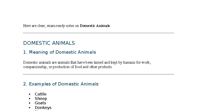 Agriculture DTE Notes: Understanding Domestic Animals - Studocu