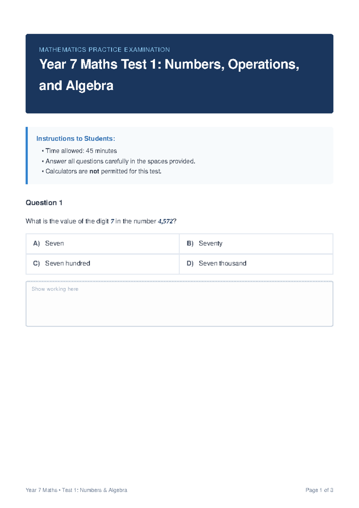 Year 7 Maths Test 1: Practice Exam on Numbers & Algebra - Studocu