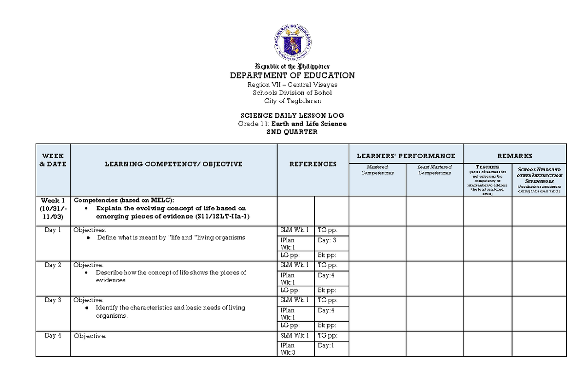 Science Daily Lesson Log: Grade 11 Earth & Life Science Q2 - Studocu