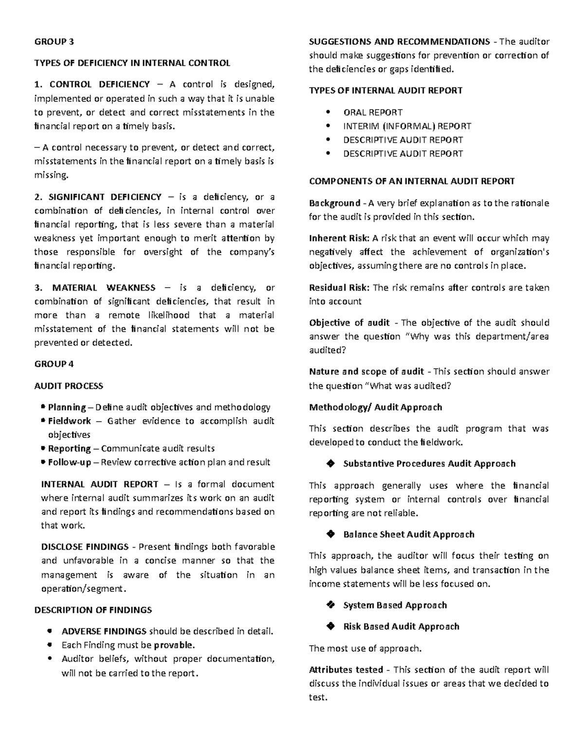 IA 411 Final Exam: Types of Internal Control Deficiencies and Audit ...
