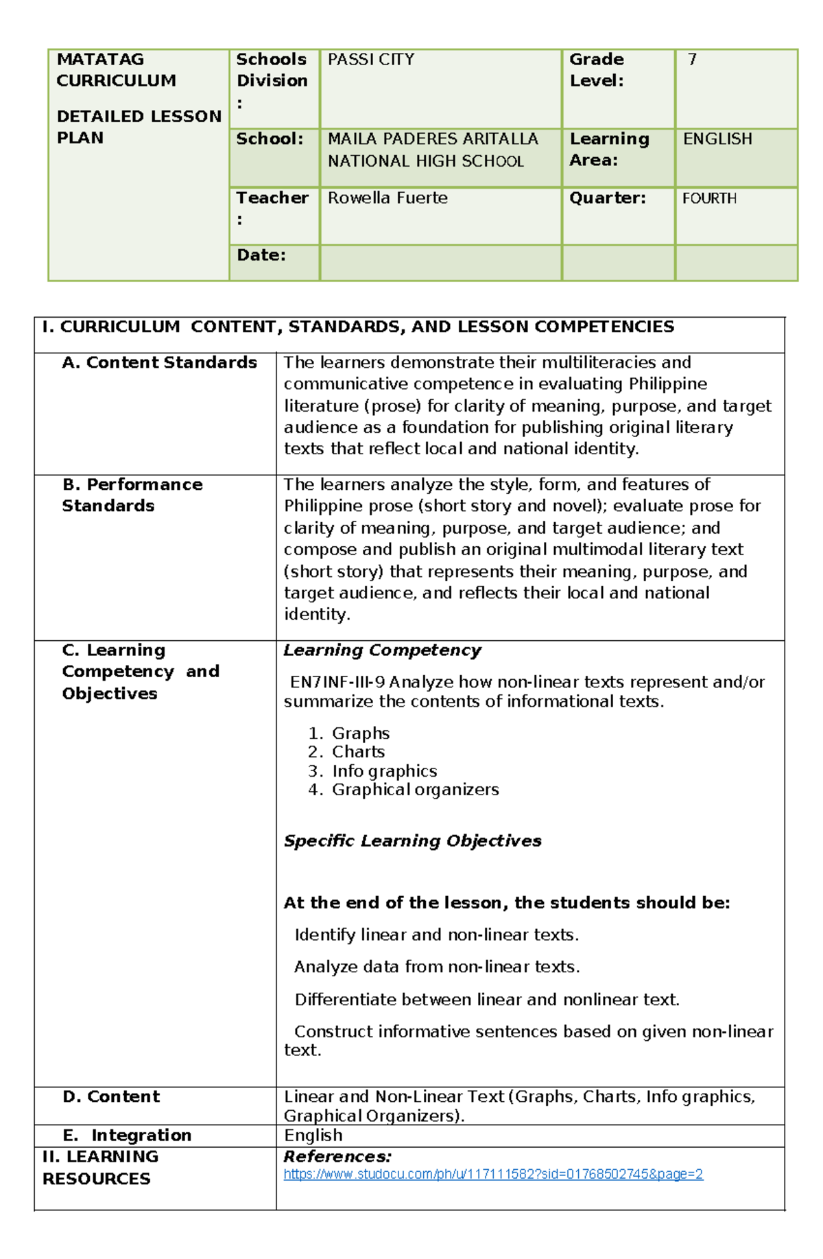 DLP: Grade 7 English Lesson Plan on Linear and Nonlinear Texts - Studocu