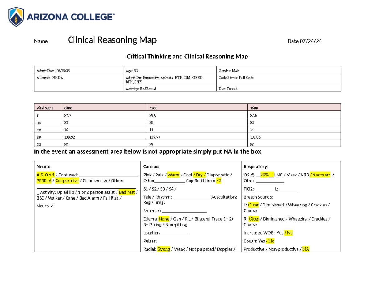 Critical Thinking Map: Med Surge 2 Patient Case Study Analysis - Studocu