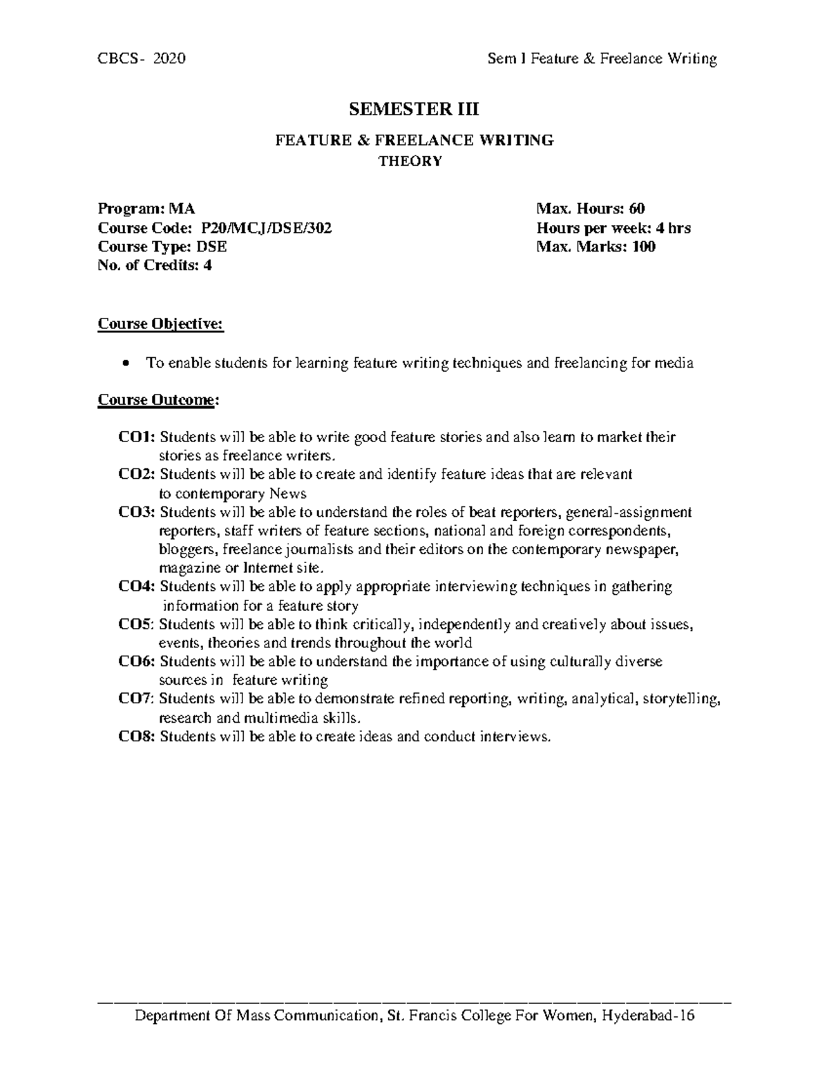 Feature & Freelance Writing Syllabus and Model QP - P20/MCJ/DSE/302 ...