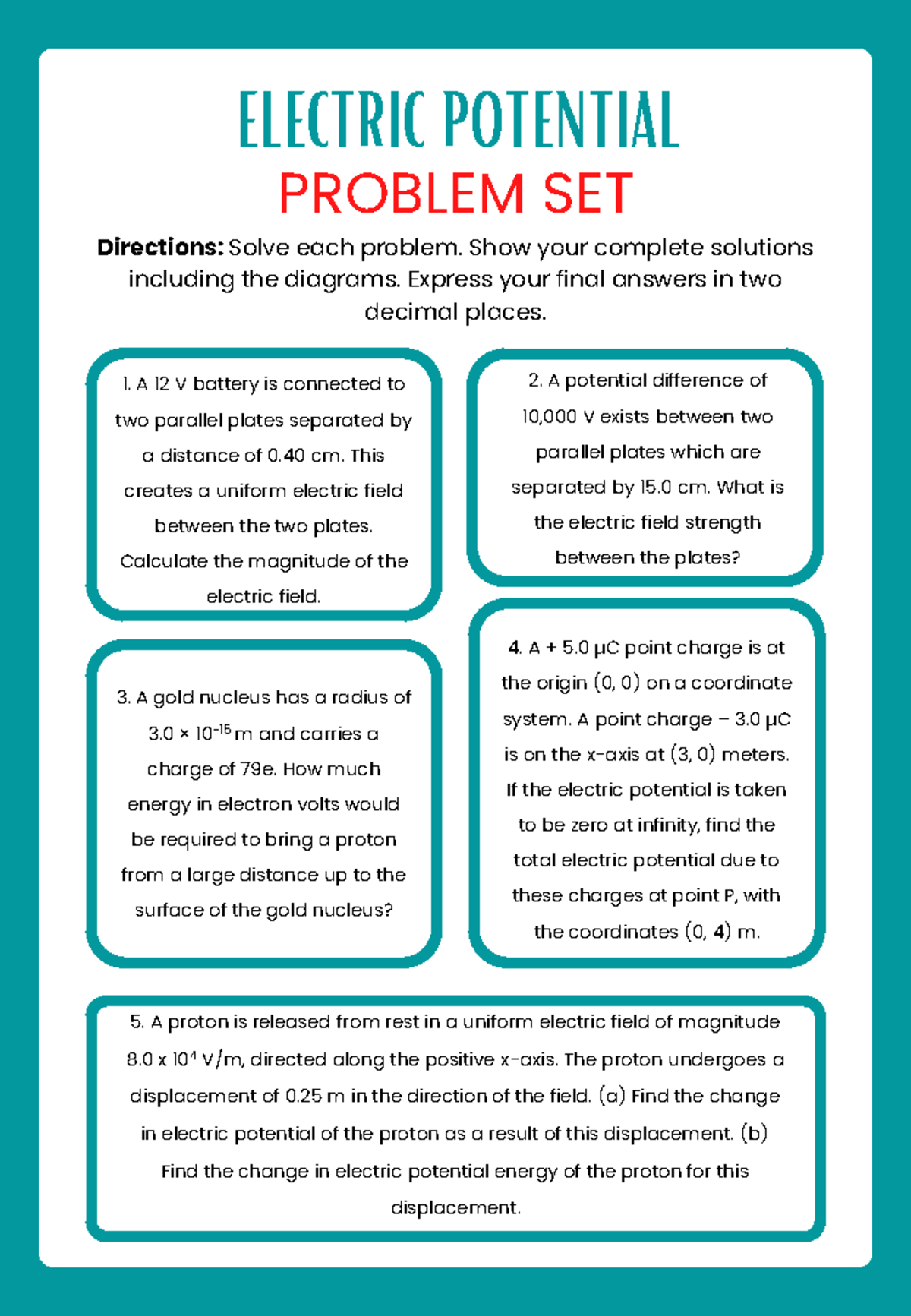 Electric Potential Problem Set - Electric Field & Energy Calculations ...