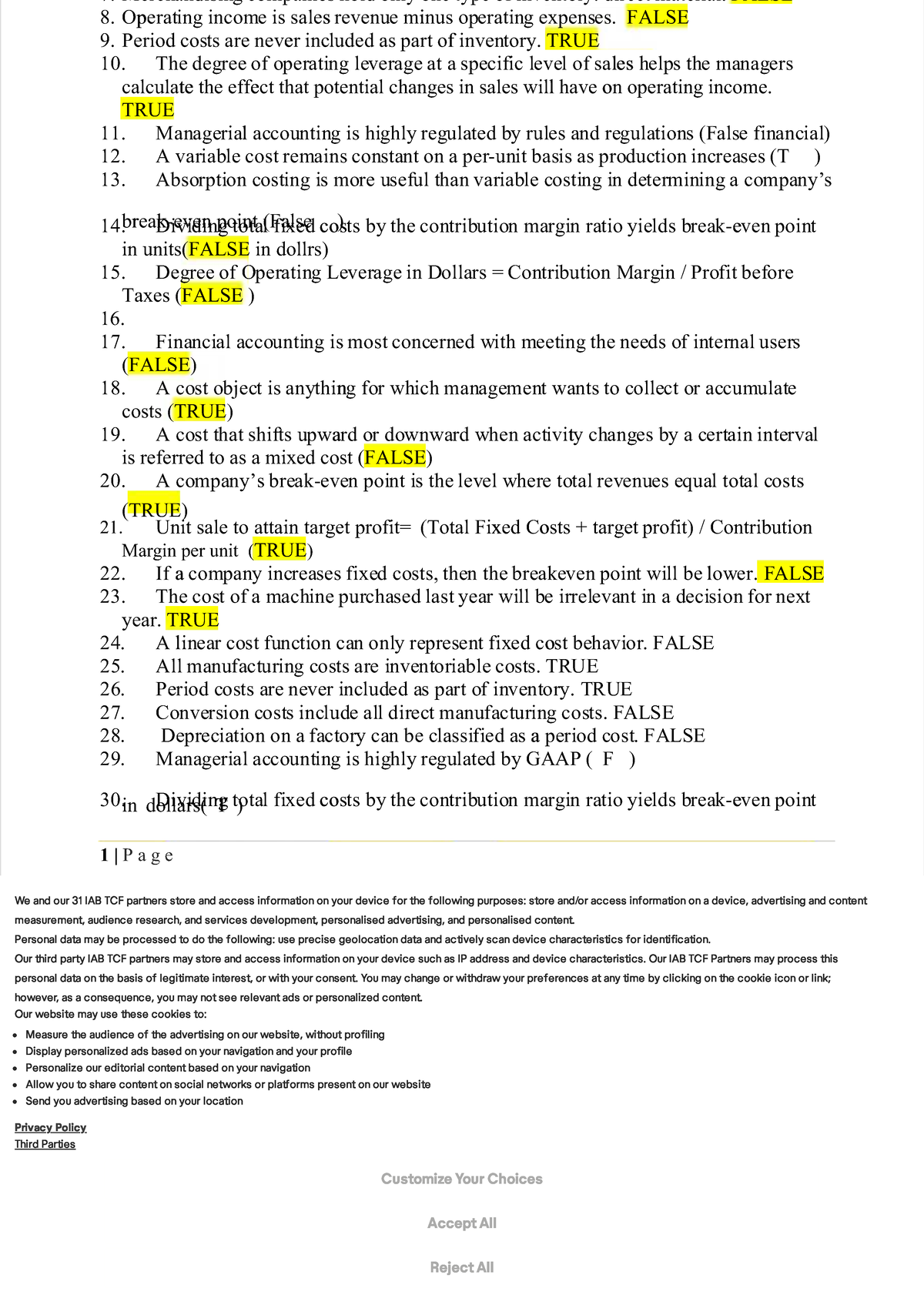 Cost Accounting Test Bank: Key Concepts and Practice Questions (ACCT ...