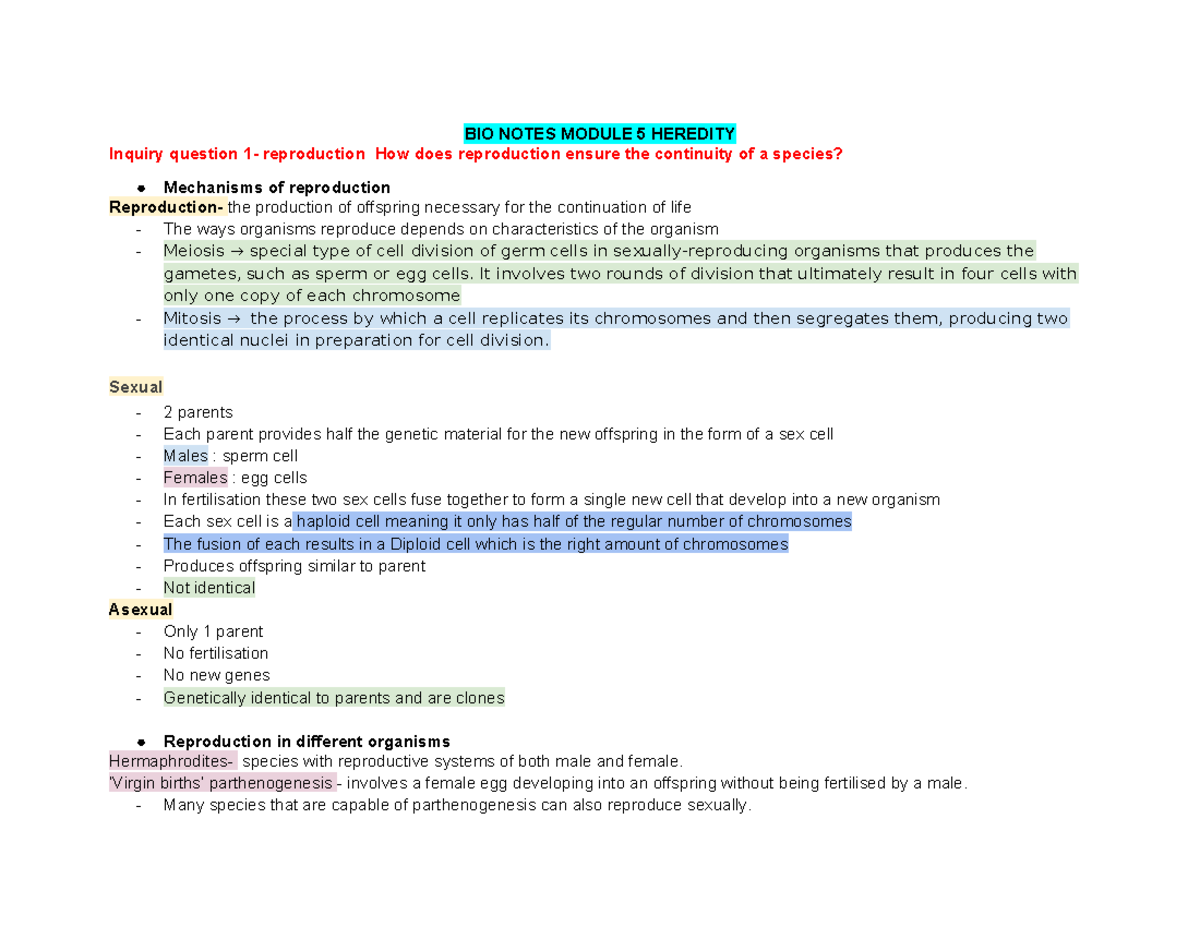 HSC BIO Module 5 Notes: Heredity and Reproductive Mechanisms - Studocu