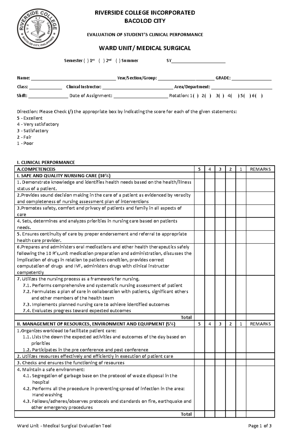 Ward Unit Medical Surgical Clinical Performance Evaluation Tool 1 - Studocu