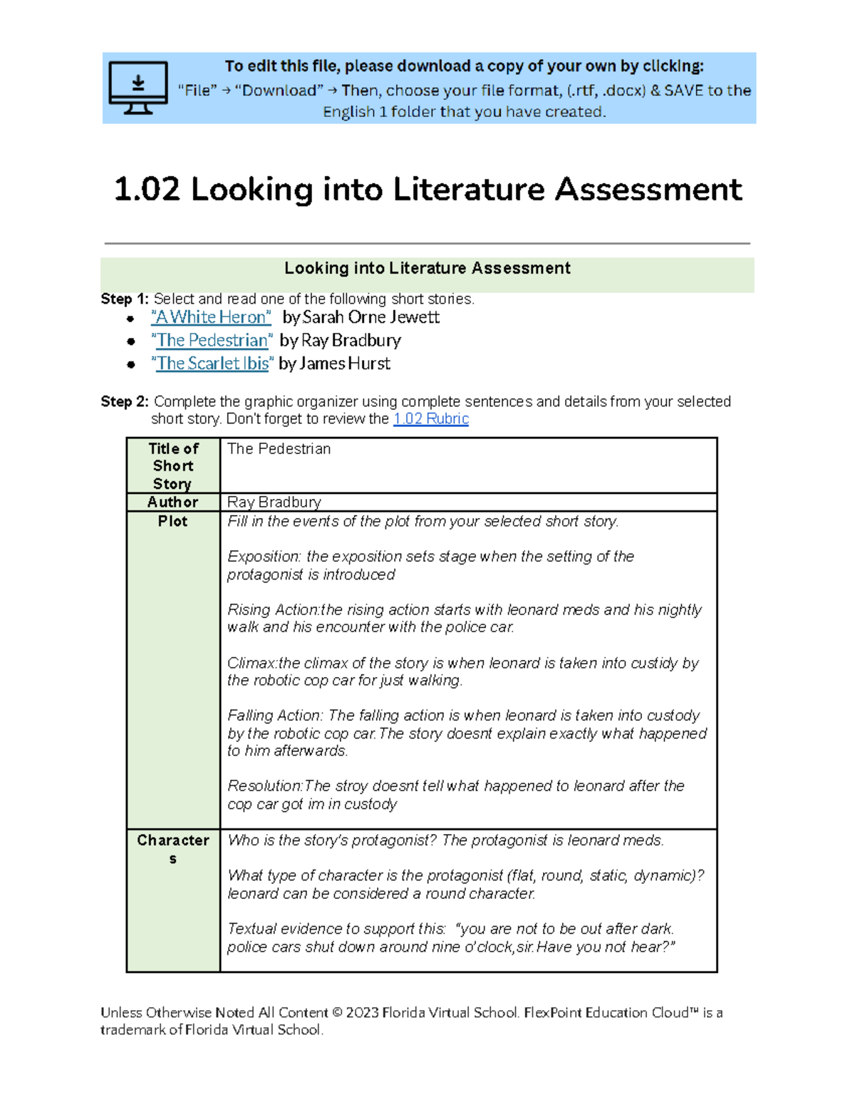 1.02 ELA - Looking into Literature Assessment: "The Pedestrian ...