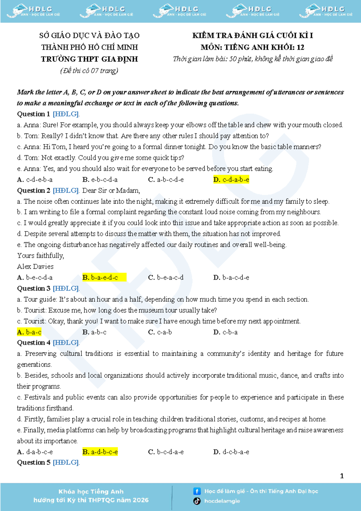 KIỂM TRA ĐÁNH GIÁ CUỐI KÌ 1 MÔN TIẾNG ANH KHỐI 12 - THPT GIA ĐỊNH - Studocu