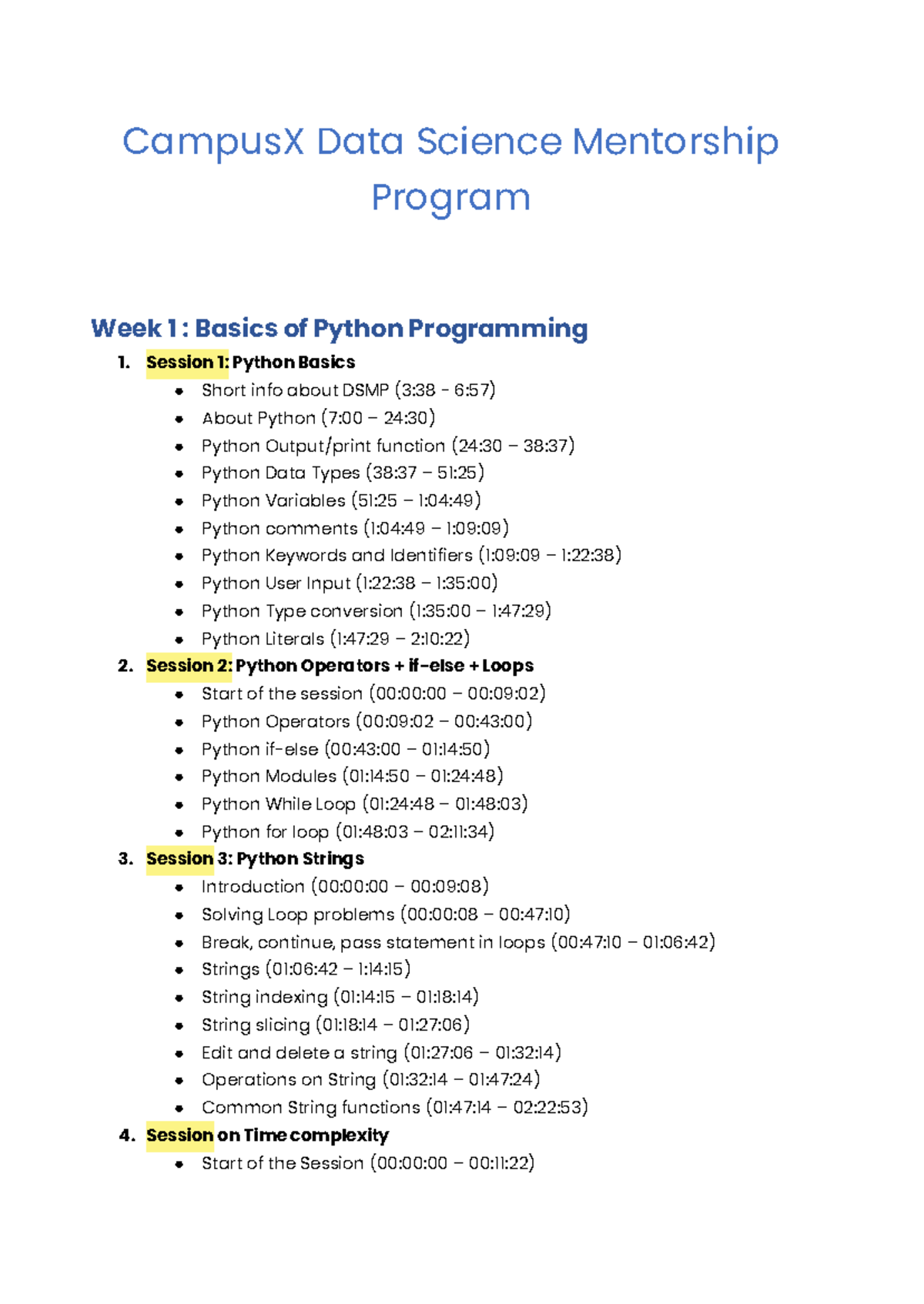 CampusX Data Science Mentorship Program: Week 1 - Python Basics - Studocu