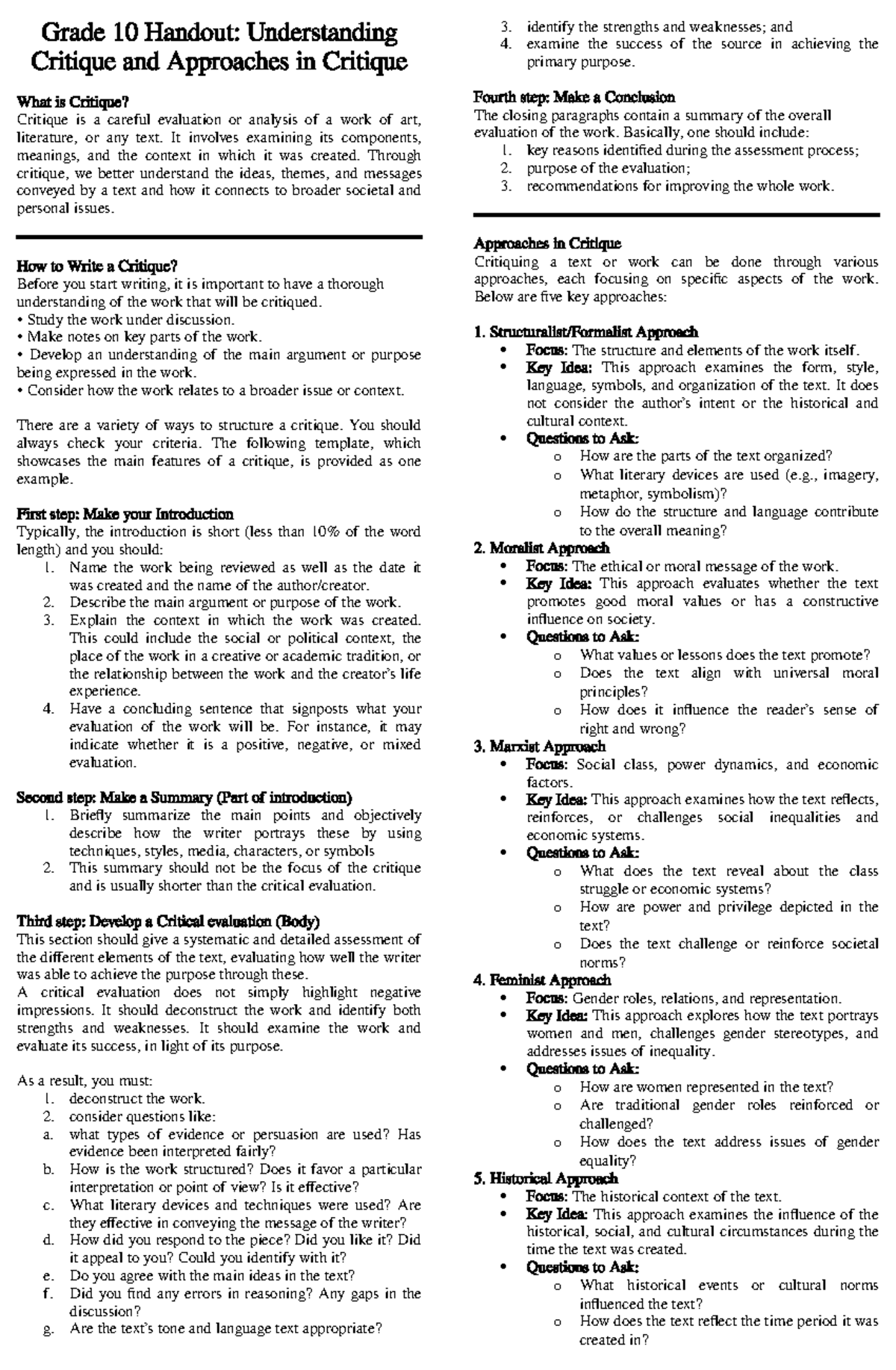 Grade 10 Handout Critique - Grade 10 Handout: Understanding Critique ...