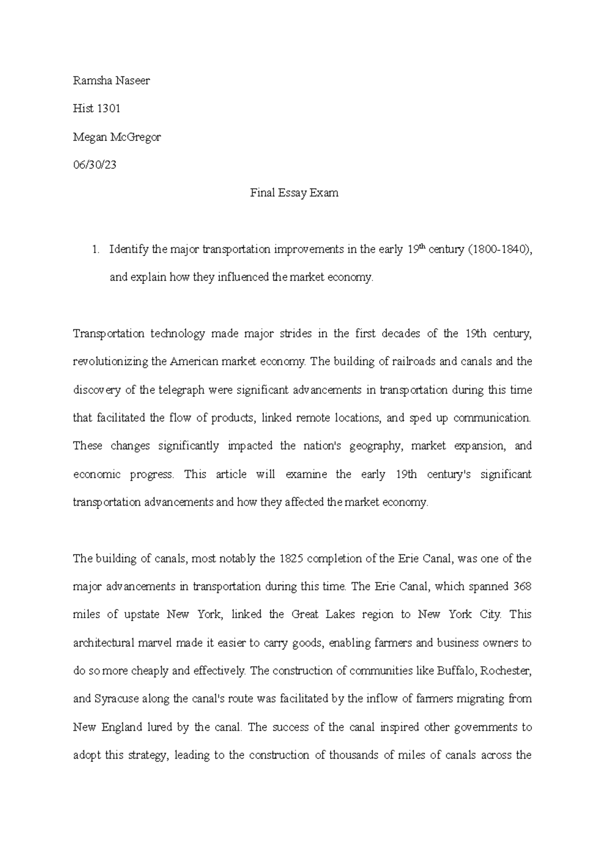 Final Essay Exam - Transportation Improvements in Early 19th Century ...