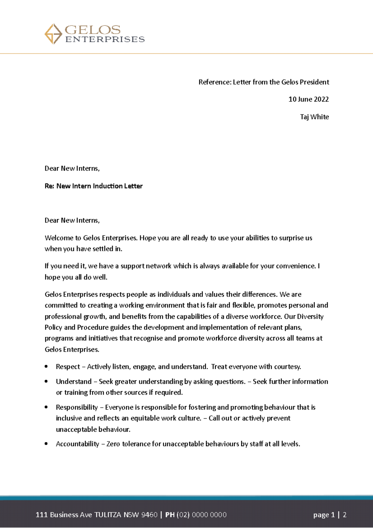 GEL 101 New Intern Induction Letter from the President - Studocu